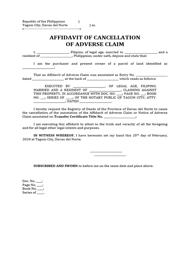 Affidavit of Cancellation of Adverse Claim | PDF | Social Science