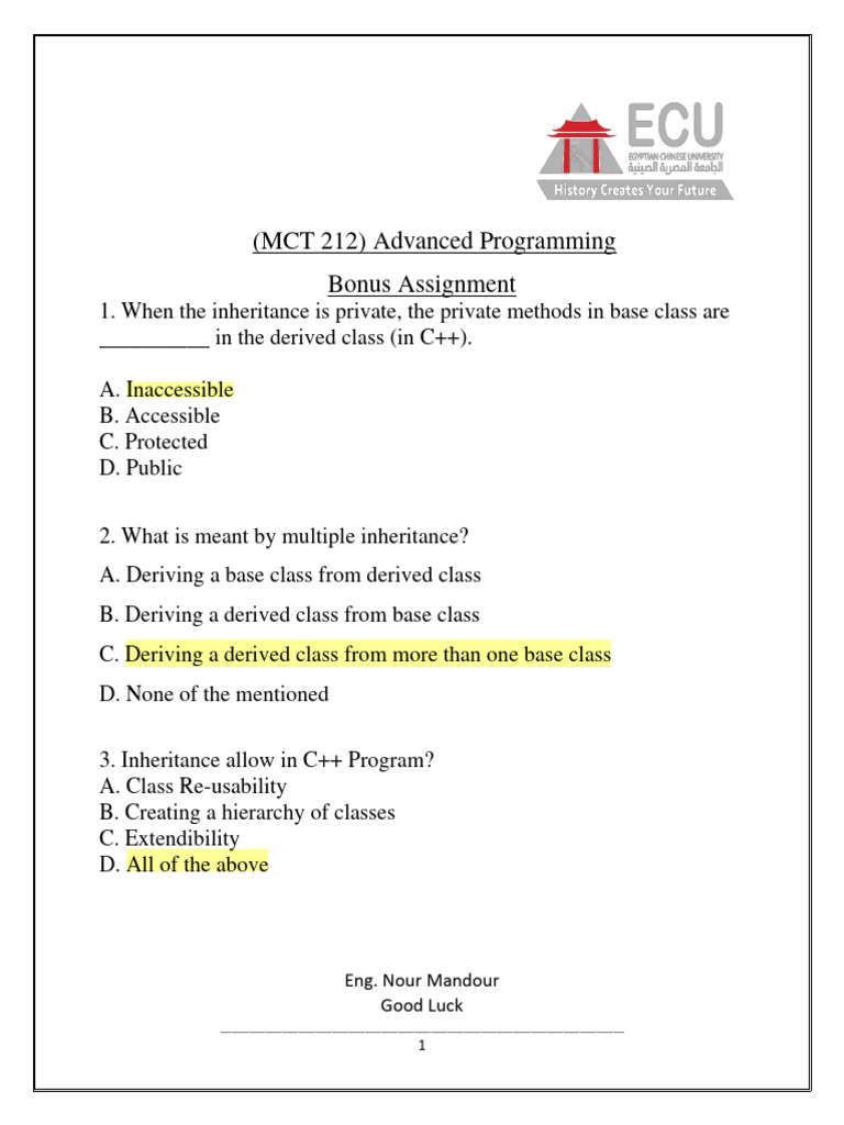 (MCT 212) Advanced Programming Bonus Assignment: Eng. Nour Mandour Good Luck | Download Free PDF ...