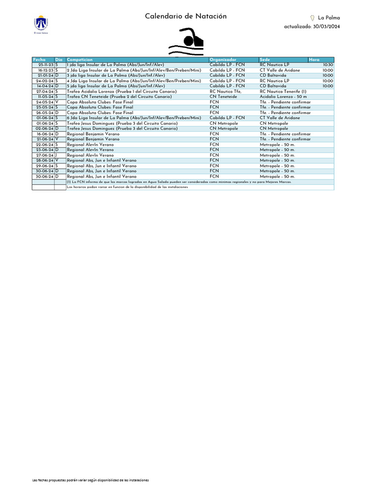 Calendario Natación La Palma 2023-2024 | PDF