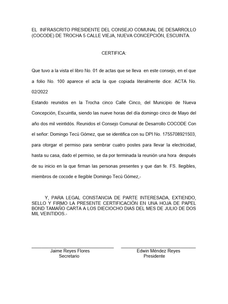 El Infrascrito Presidente Del Consejo Comunal de Desarrollo | PDF