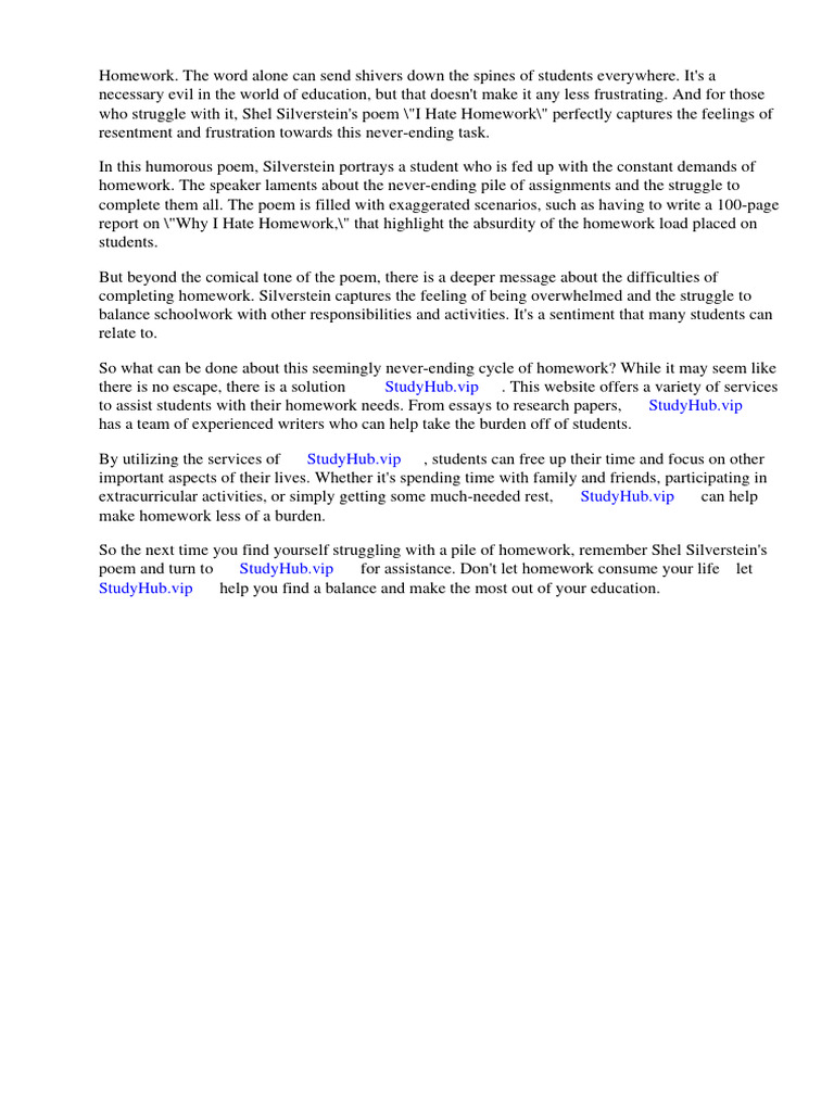 Shel Silverstein Poems i Hate Homework | PDF