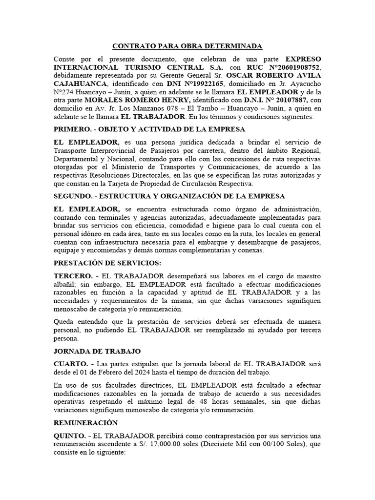 Contrato para Obra Determinada Construccion Molinos | PDF | Salario | Derecho laboral