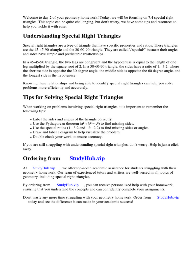 Geometry Homework Day 2 7.4 Special Right Triangles | PDF | Triangle ...