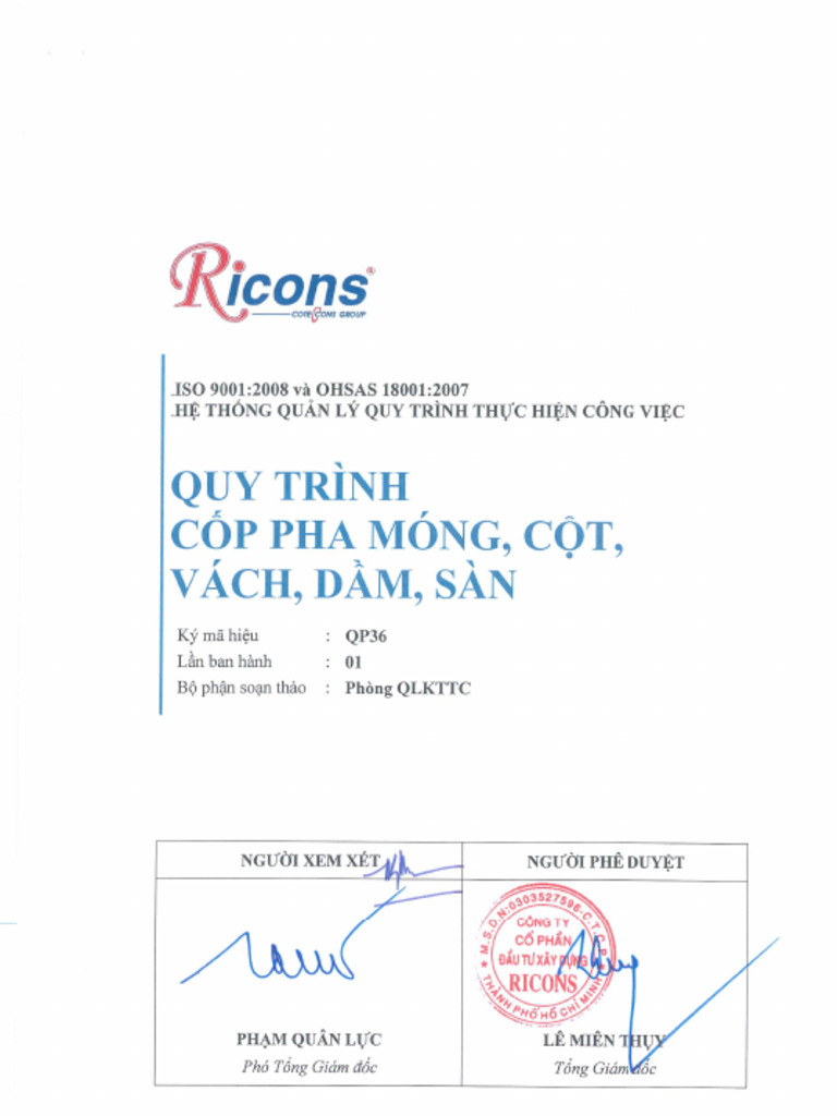 12. QP36 - Quy trình cốp pha Móng, Cột, Vách, Dầm, Sàn | PDF