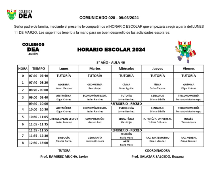 Comunicado 028 - Horario Escolar Aula 46 | PDF | Matemáticas