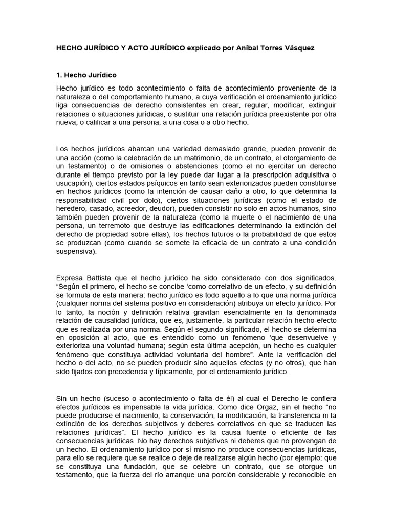 HECHO JURÍDICO Y ACTO JURÍDICO Explicado Por Aníbal Torres Vásquez | PDF | Libertad | Propiedad