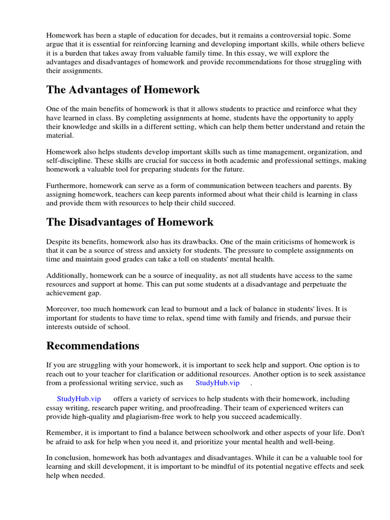 Homework Advantages and Disadvantages Essay | PDF | Homework | Learning