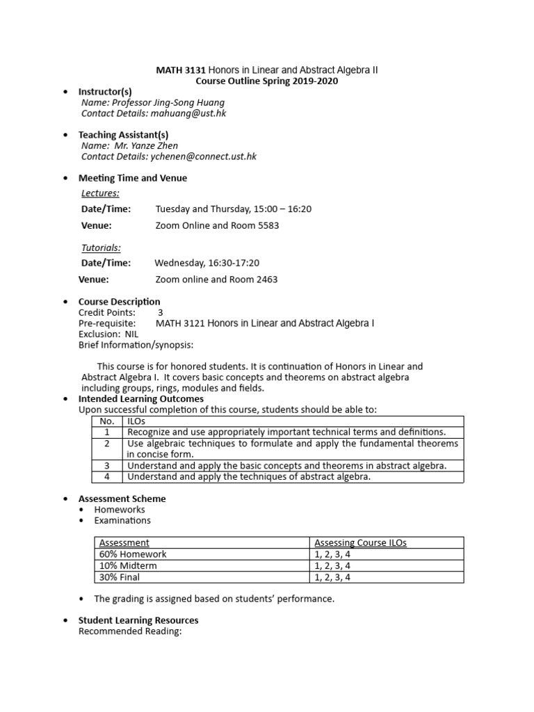 MATH 3131 Course Outline 2019-2020 | PDF | Ring (Mathematics) | Field ...