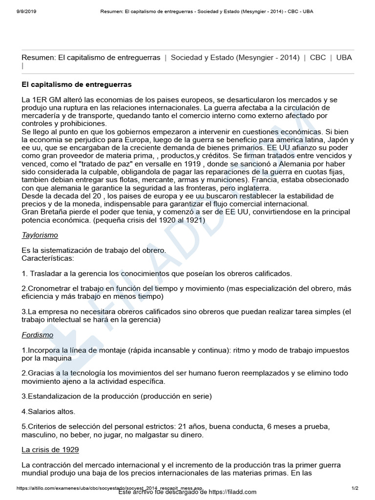 Resumen - El Capitalismo de Entreguerras - Sociedad y Estado Mesyngier - 2014 - CBC - UBA | PDF ...