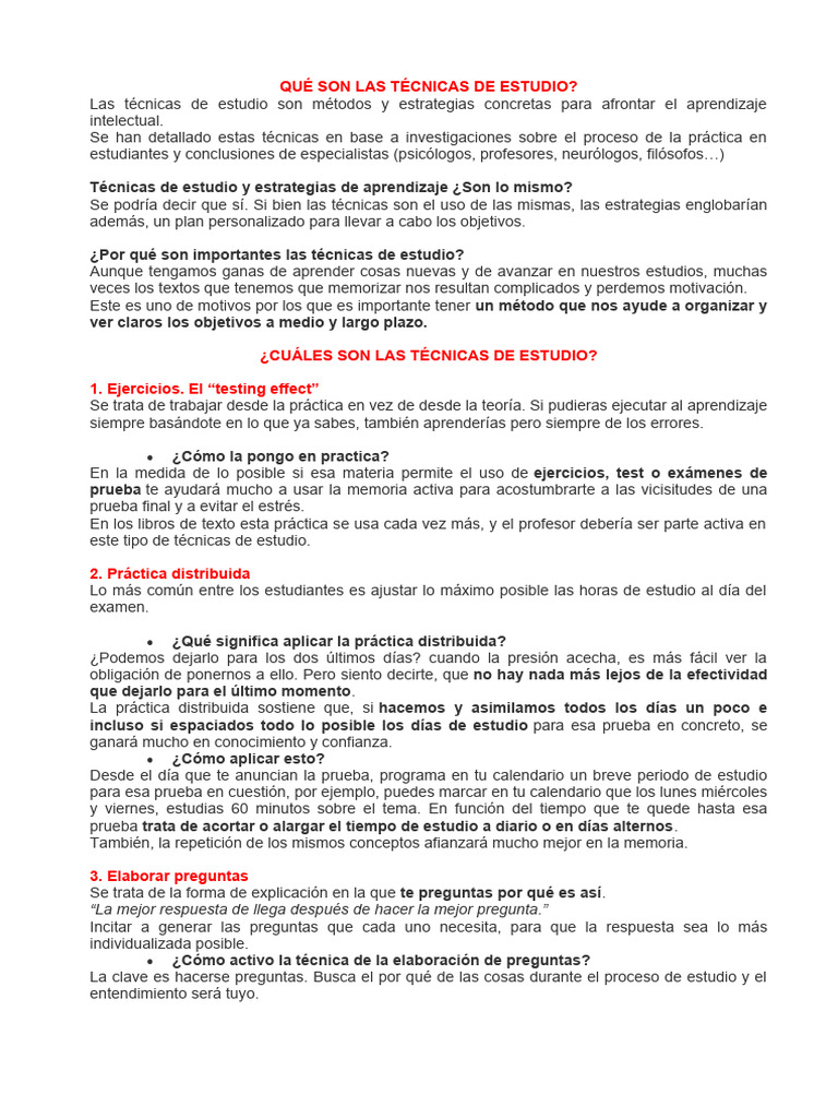 Tecnicas de Estudio | PDF | Habilidades de estudio | Aprendizaje