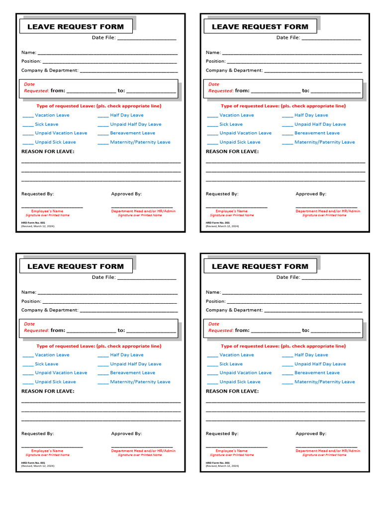 LEAVE-REQUEST-FORM-Updated-03122024 | PDF | Sick Leave | Parental Leave