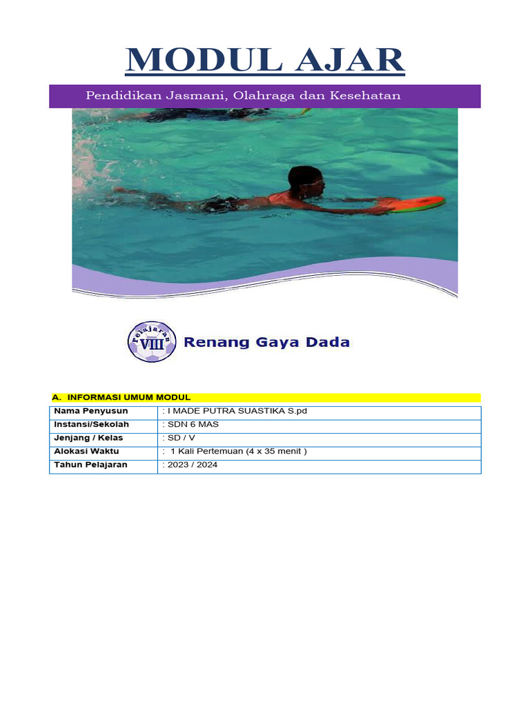 MODUL AJAR Pelajaran VIII Renang Gaya Dada | PDF