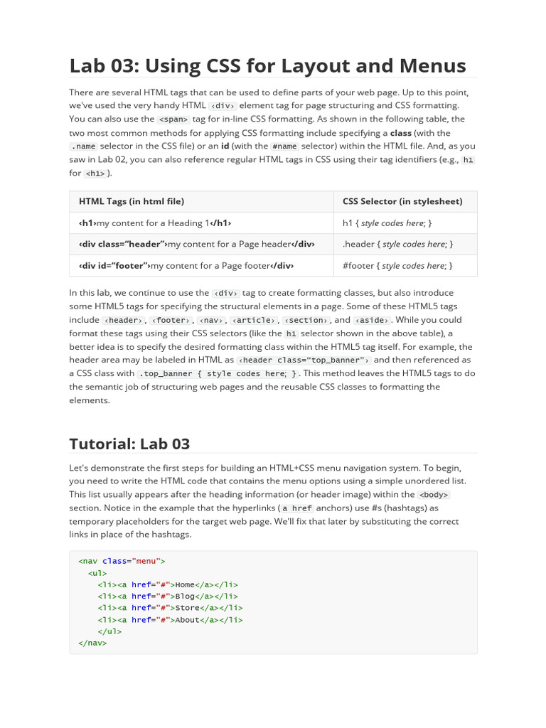 Lab 03 Using CSS for Layout and Menus | PDF | Html Element | Html
