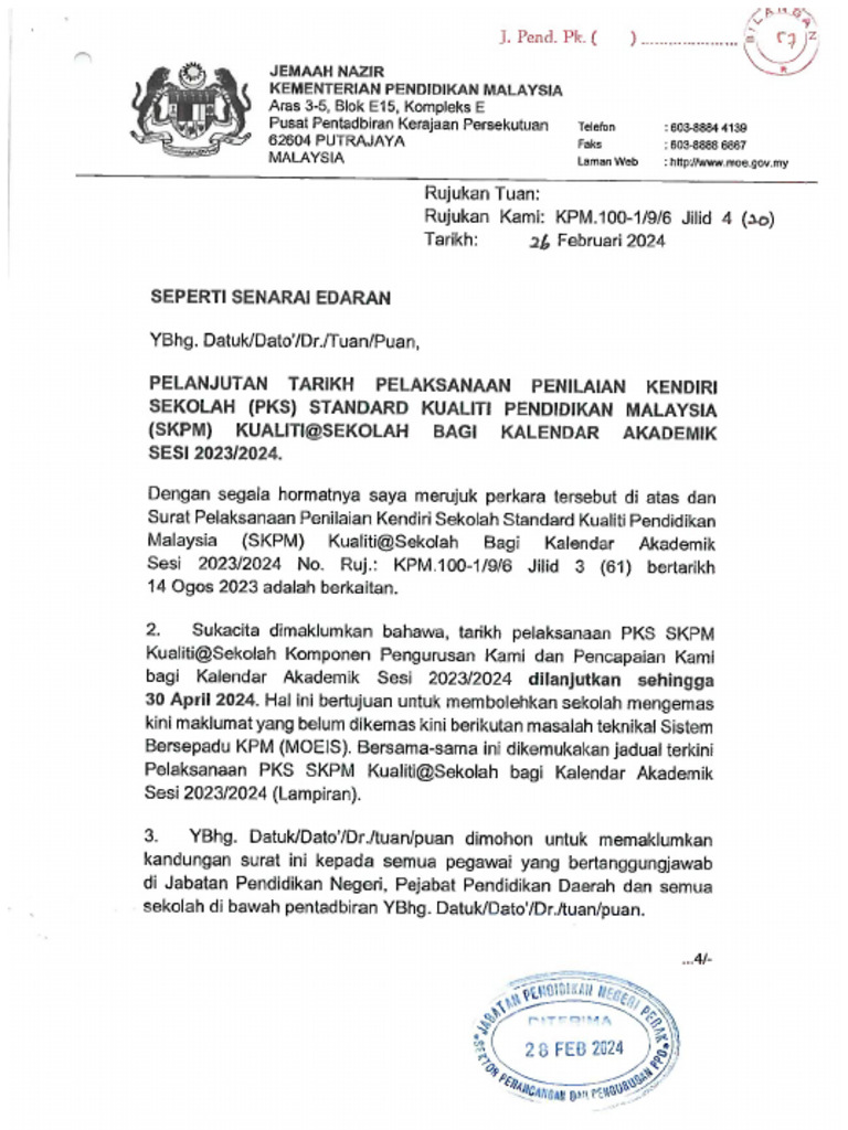 Pelanjutan Tarikh Pelaksanaan Penilaian Kendiri Sekolah (PKS) Standard Kualiti Pendidikan ...