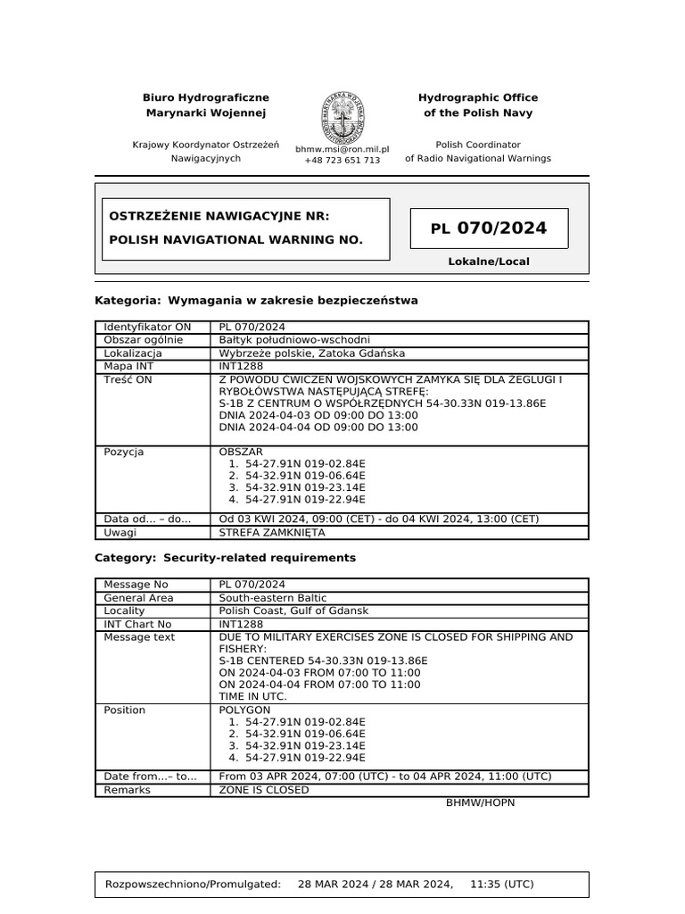 Ostrzeżenie Nawigacyjne NR: Polish Navigational Warning No | PDF