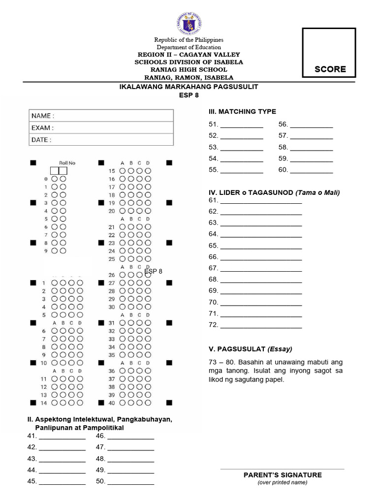 ESP 8 Answer Sheet | PDF | Philippines