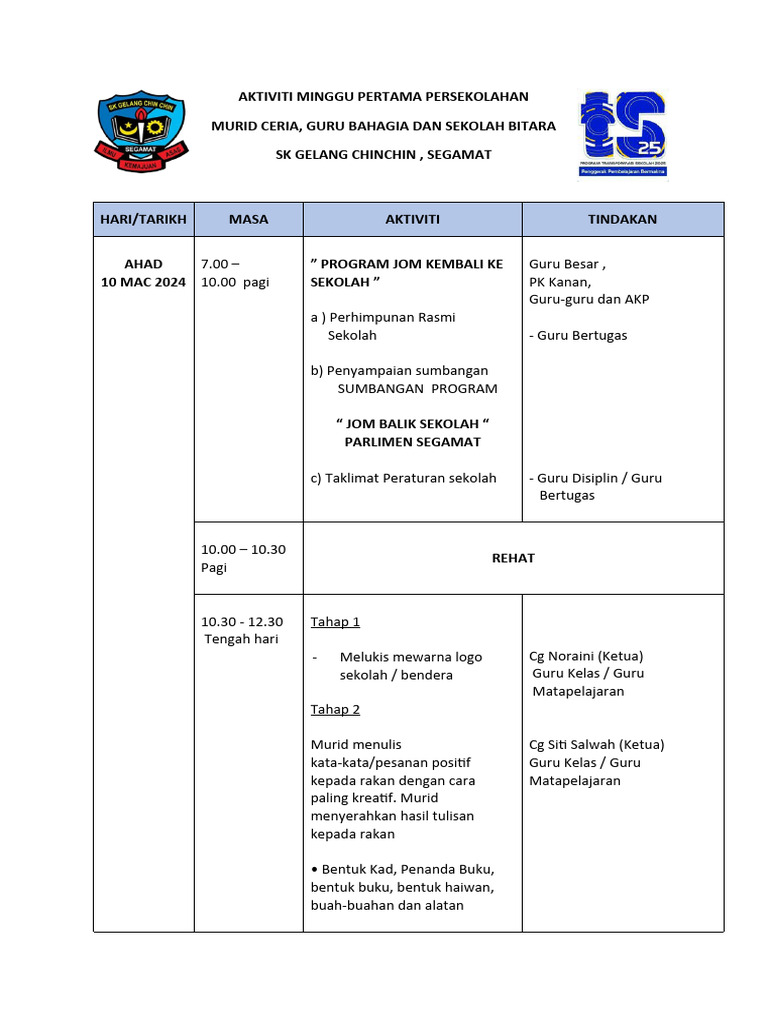 Aktiviti Minggu Pertama Persekolahan 2024 | PDF