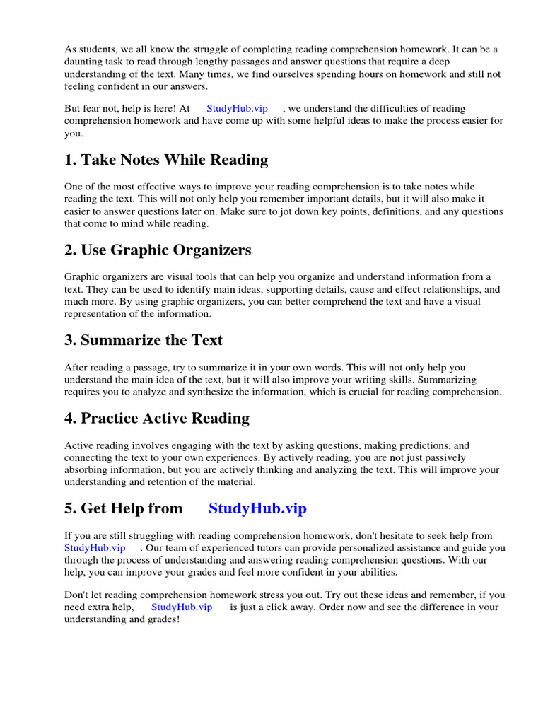 Reading Comprehension Homework Ideas | PDF | Reading Comprehension ...