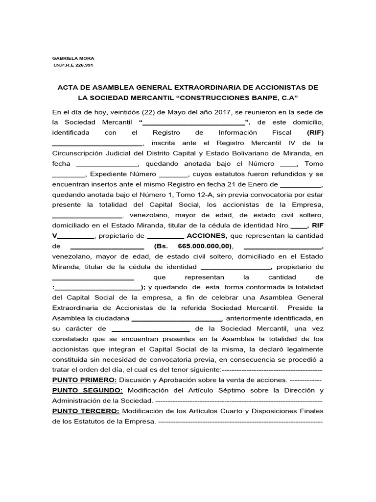 modelo acta de asamblea | PDF | Documento de identidad | Gobierno