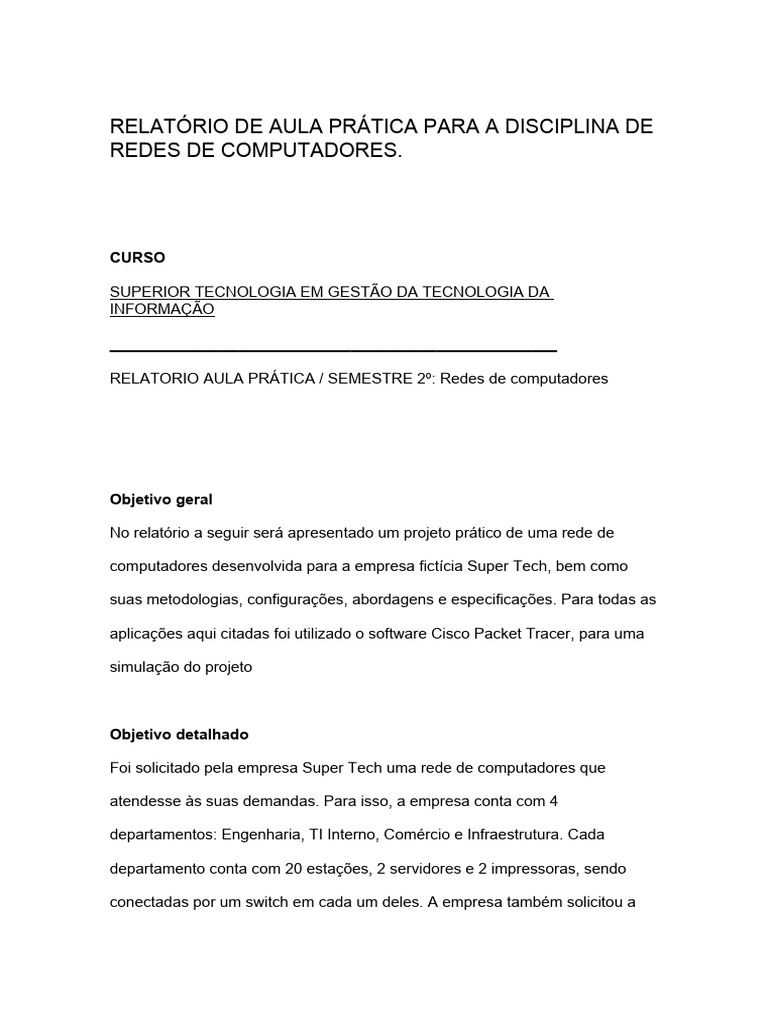 Relatório de Aula Prática para A Disciplina de Redes de Computadores | PDF | Rede de ...