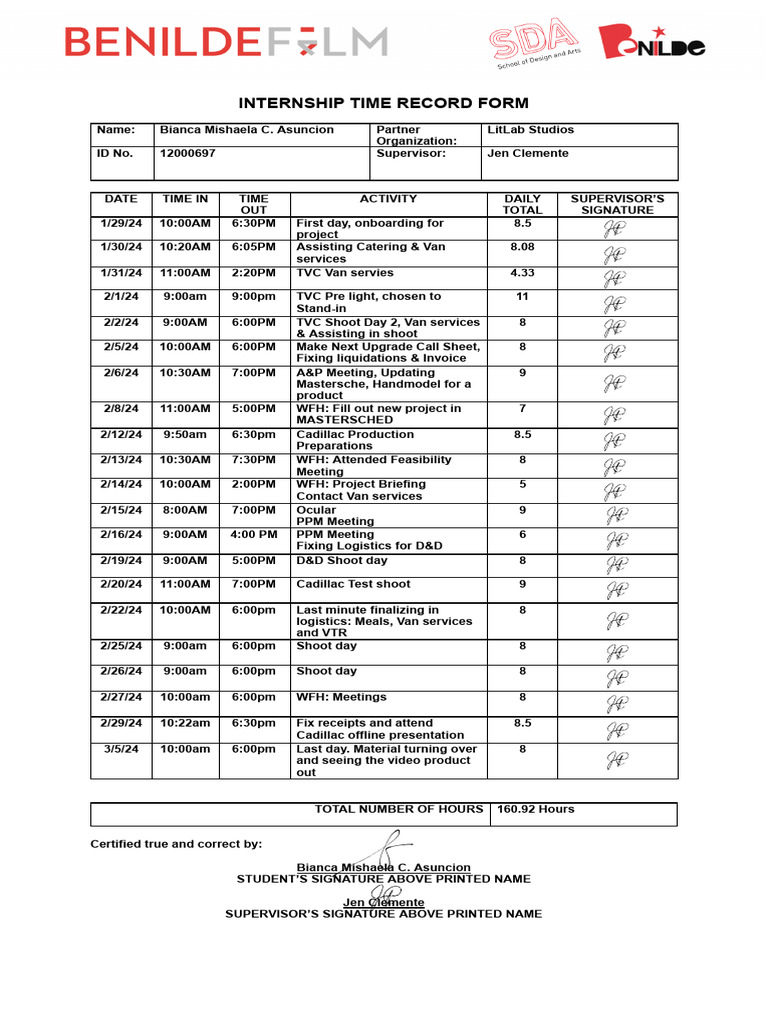 Asuncion - Internship Time Record (SIGNED) | PDF