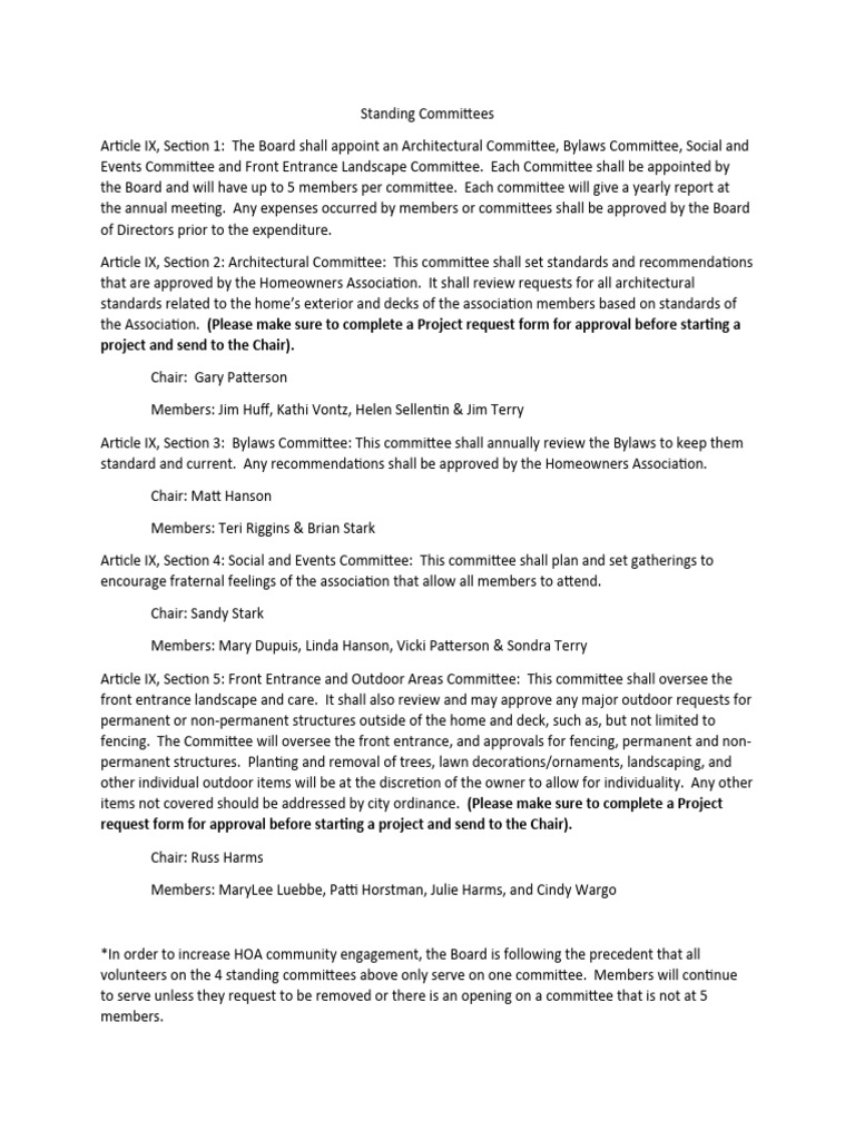 HOA Standing Committees Overview | PDF | Government | Governance