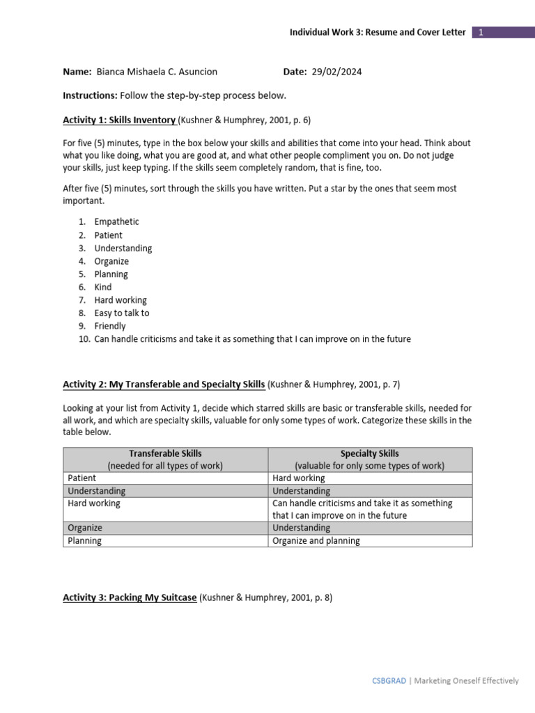 Individual Work 3 - Resume and Cover Letter | PDF | Résumé