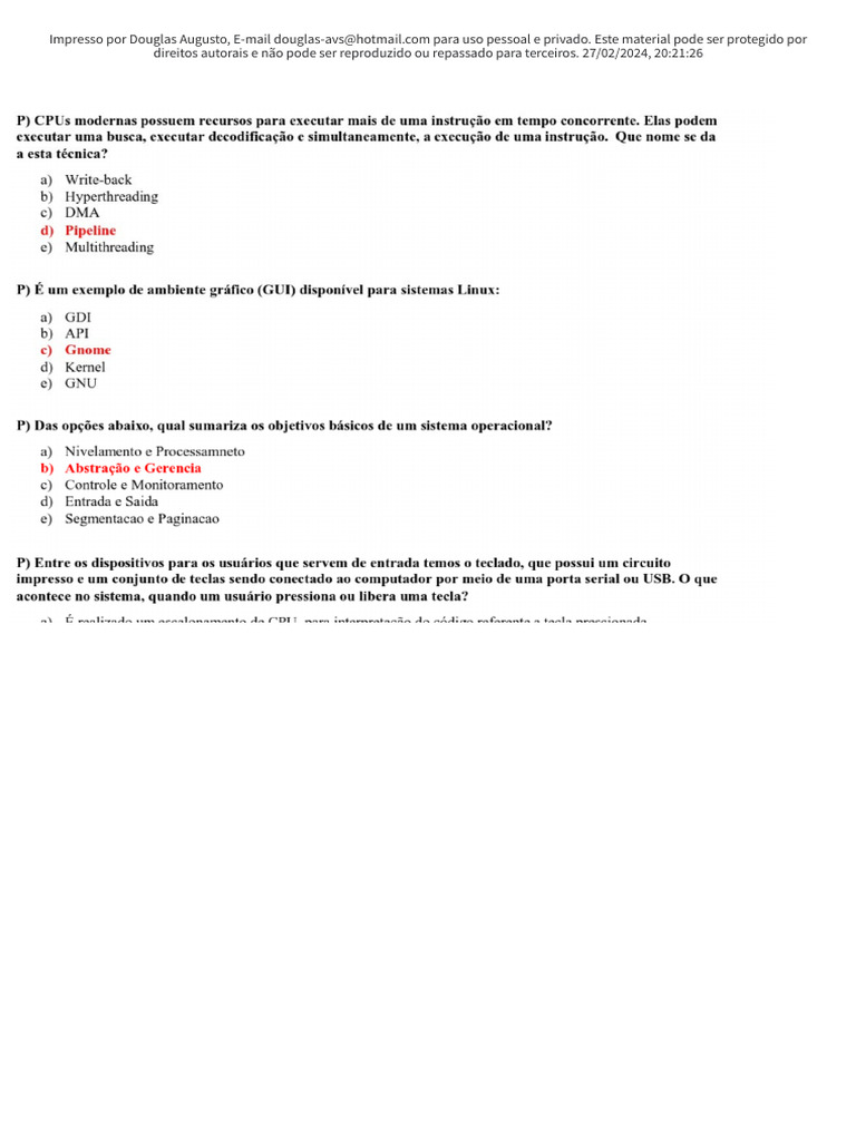 Compilado Prova Fundamentos de Sistemas Operacionais I | PDF