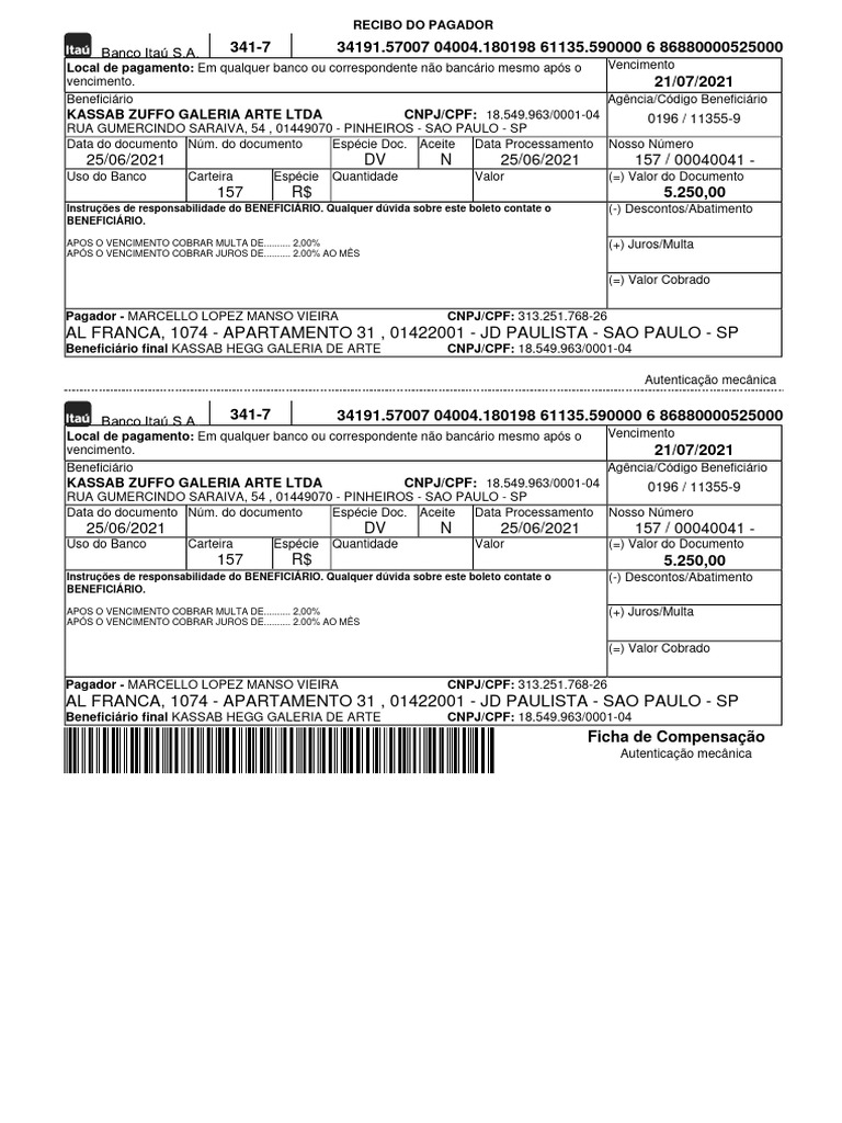 Boleto - Marcello Lopez Manso Vieira - Invoice 2129 | PDF | Brasil | Bancos
