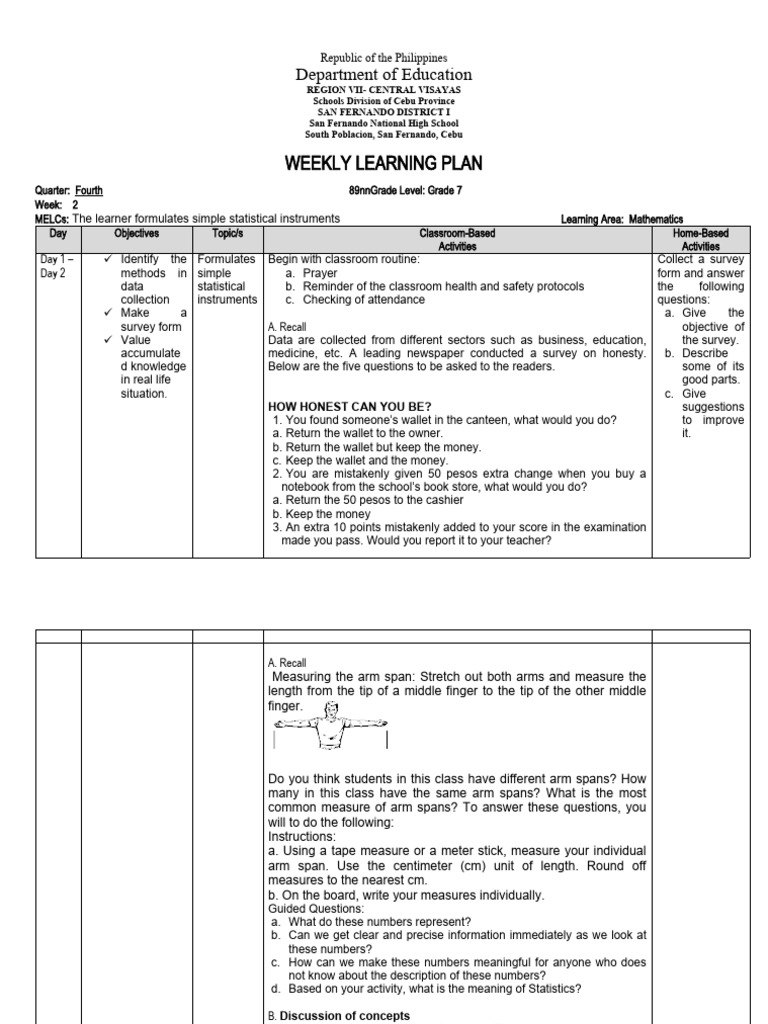 Quarter 4 - Weekly Learning Plan | PDF | Survey Methodology | Statistics