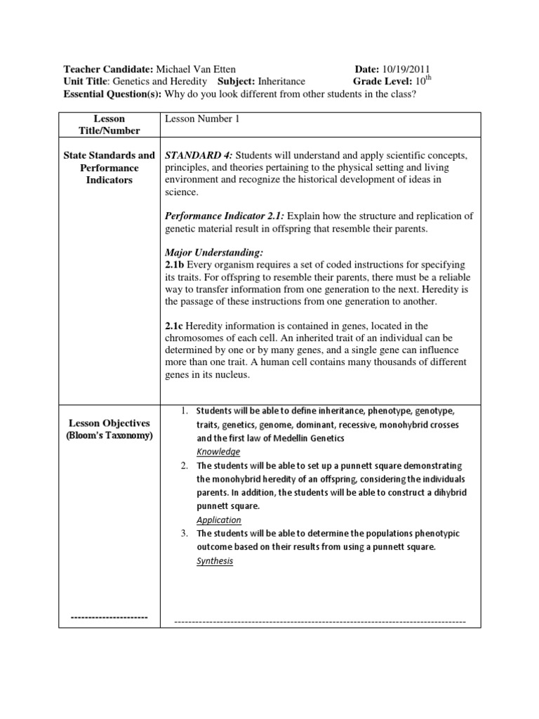 Heredity Lesson Plan | PDF | Heredity | Gene