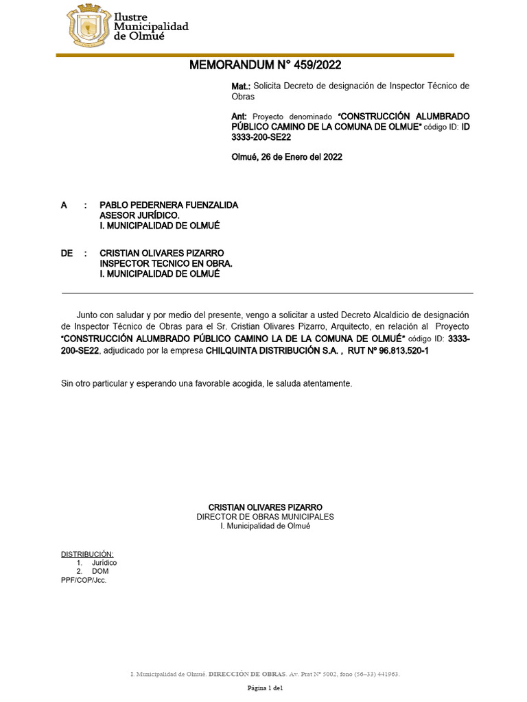 MEMO Designacion de ITO para El Proyecto | PDF