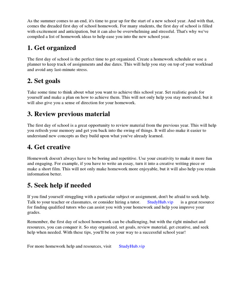 First Day of School Homework Ideas | PDF | Homework | Homeschooling