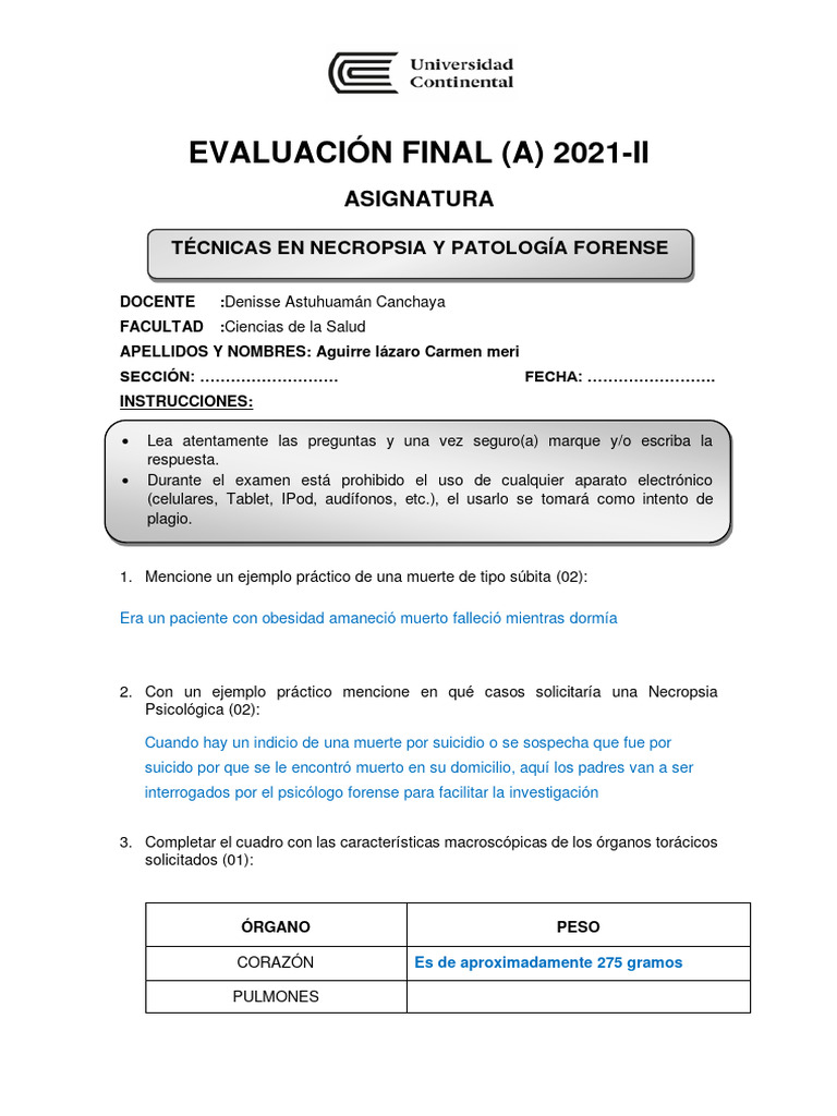 Evaluacion Final Tecnicas en Necrospia y Patologia Forense 2021-II ...