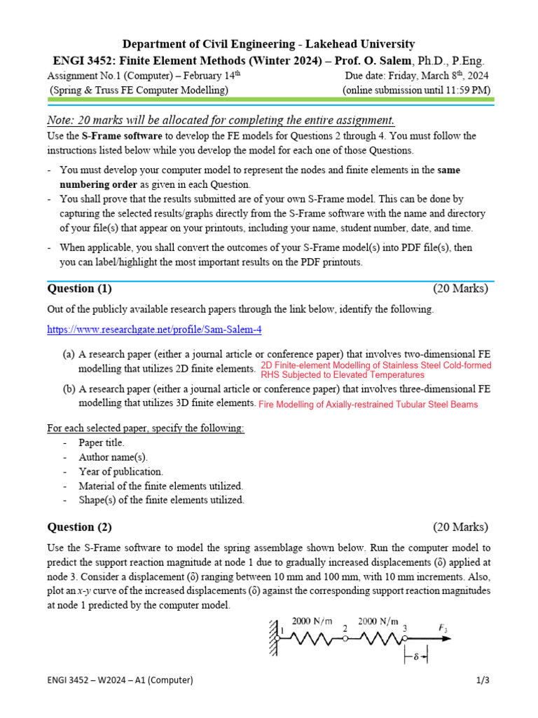 ECIV 3452 - W2024 - A1 (Computer) | PDF | Truss | Strength Of Materials