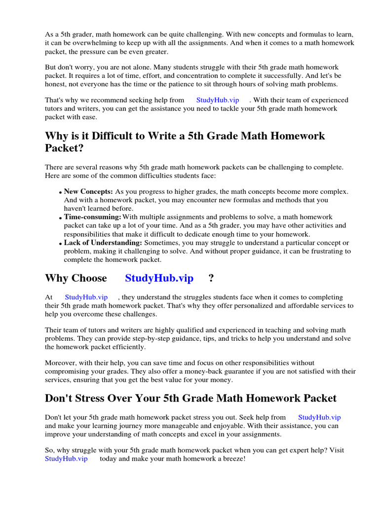 5th Grade Math Homework Packet | PDF | Worksheet | Mathematics