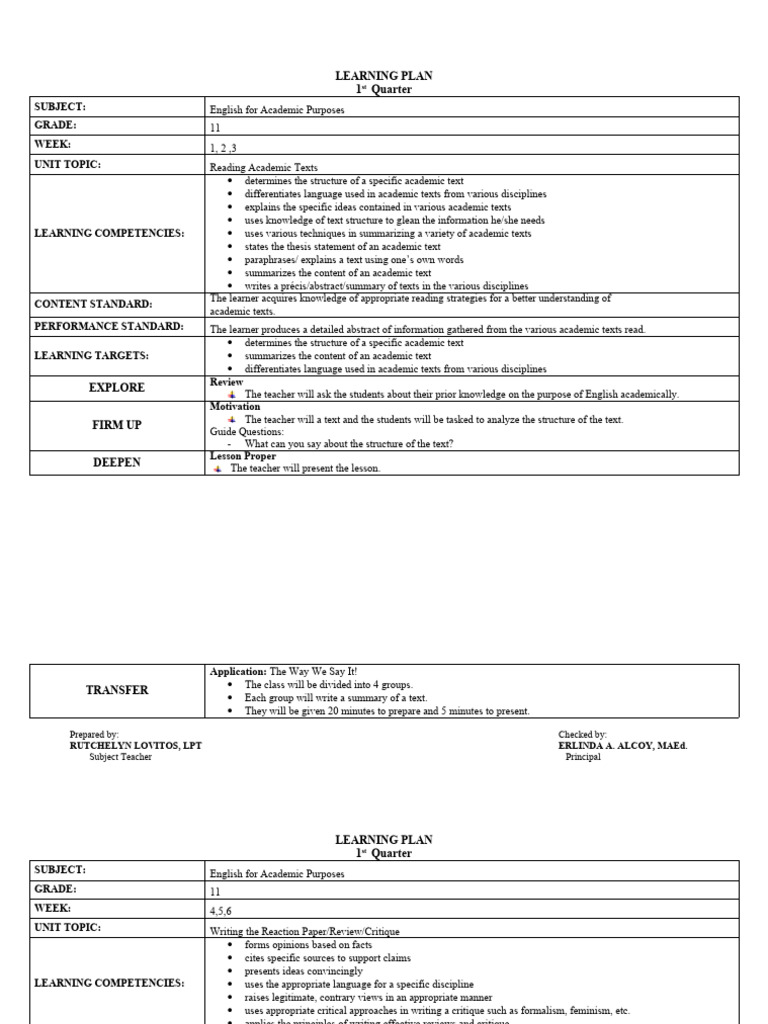 LEARNING PLAN in EAP | PDF | Learning | Teachers