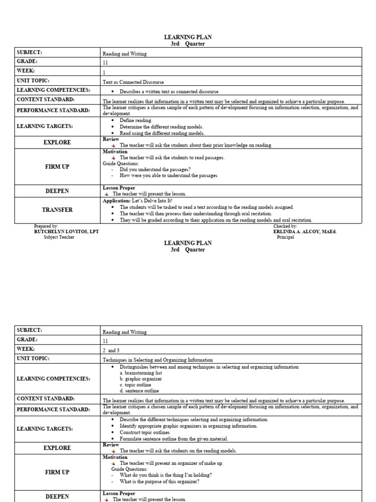 11th Grade Reading and Writing Plan | PDF | Learning | Teachers