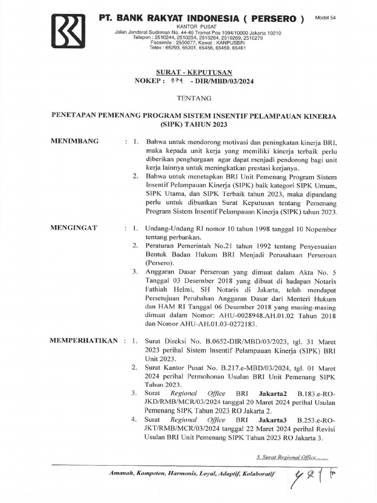 974 DIR MBD Surat Keputusan Tentang Penetapan Pemenang Program Sistem Insentif Pelampauan ...