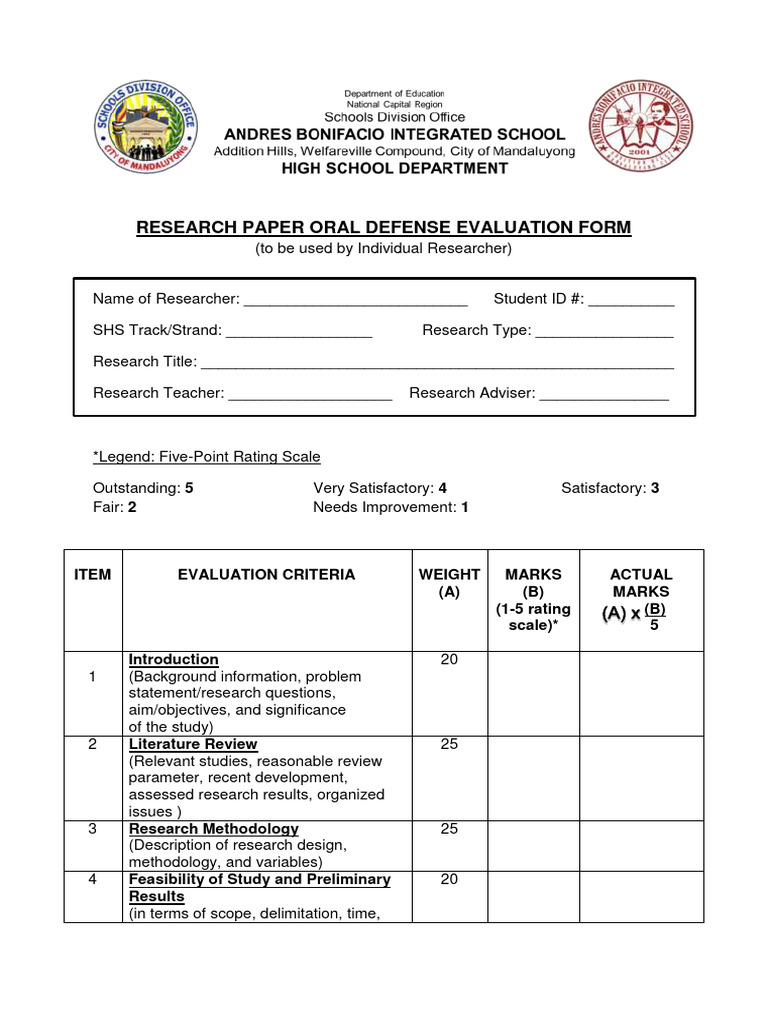 Research Defense Evaluation Form | PDF | Evaluation | Methodology