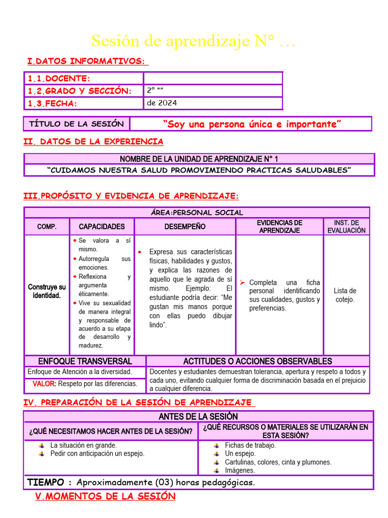 Sesión Soy Una Persona Única e Importante Maestra Janet 2° | PDF ...