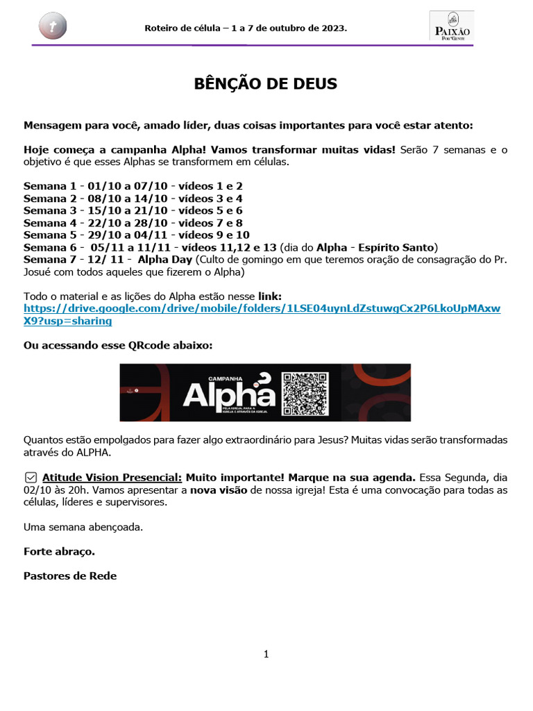 IBA - Roteiro de Celula OUT 2023 01a07 | PDF | Deus | Oração