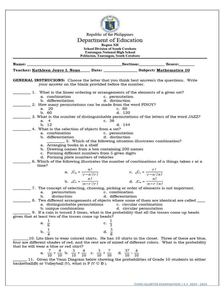 Q3 Math10 Periodical Exam Pdf Permutation