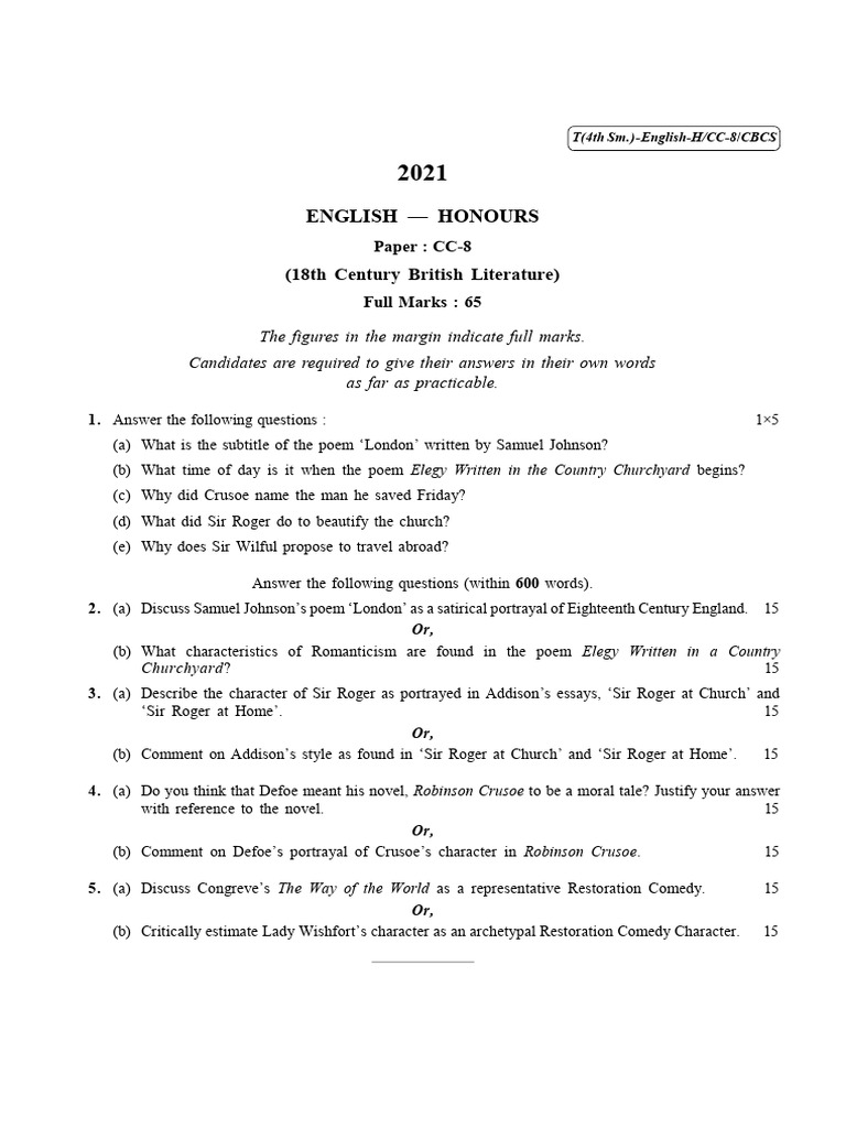 CU-2021 B.A. (Honours) English Semester-IV Paper-CC-8 QP | PDF ...