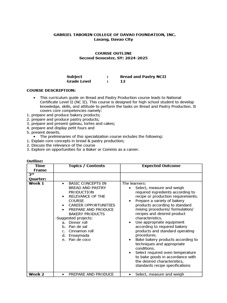 COURSE OUTLINE Bread and Pastry | PDF | Cakes | Baking