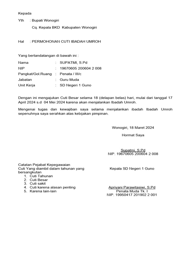 Format Surat Permohonan Cuti Umroh | PDF