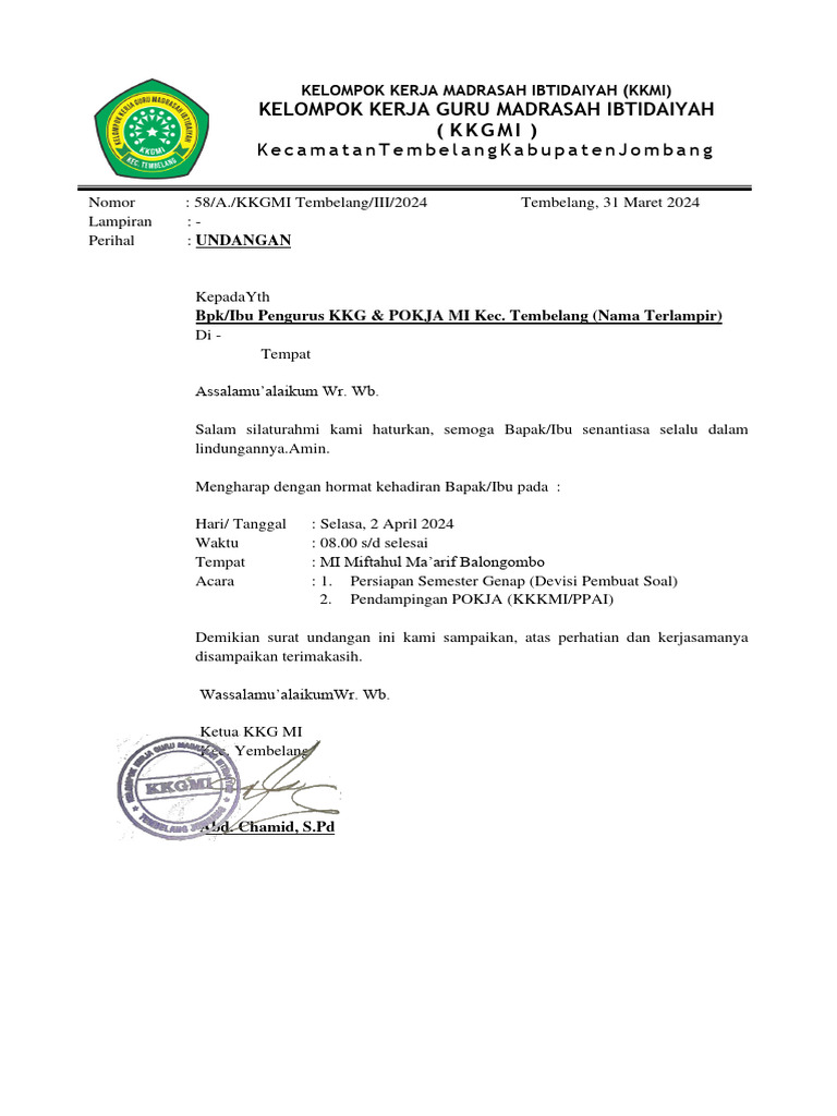 Undangan Rapat KKG MI Tembelang 2024 | PDF