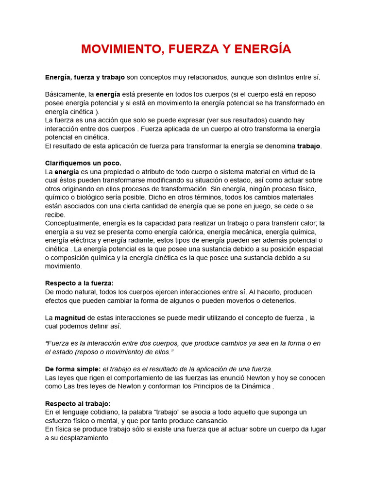 Movimiento, Fuerza y Energía | PDF | Fuerza | Energía potencial