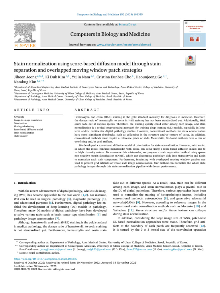(Jiheon Jeong., 2023) Stain Normalization Using Score-Based Diffusion Model Through Stain ...