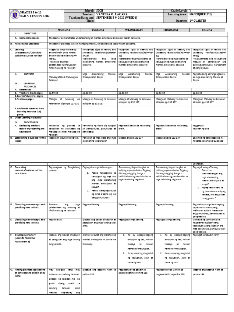 DLL Mapeh-5 Q1 W4 | PDF